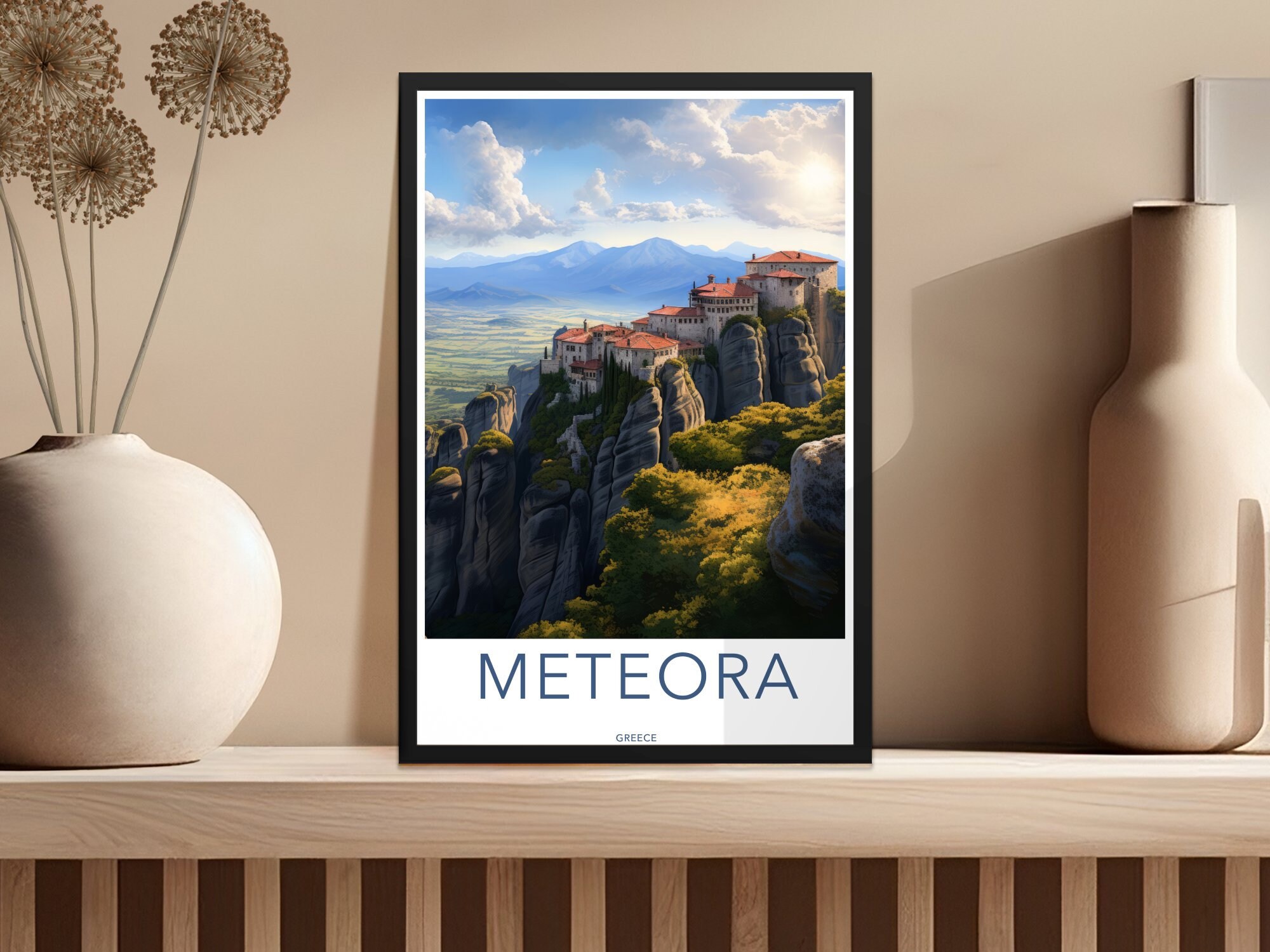 Meteora Greece Landscape Poster, Monastery Cliff Scenic View Digital ...