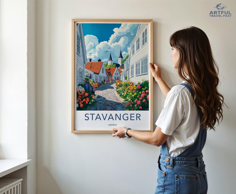 Norway Travel Poster, Stavanger Wall Art, Scandinavian Village Print ...