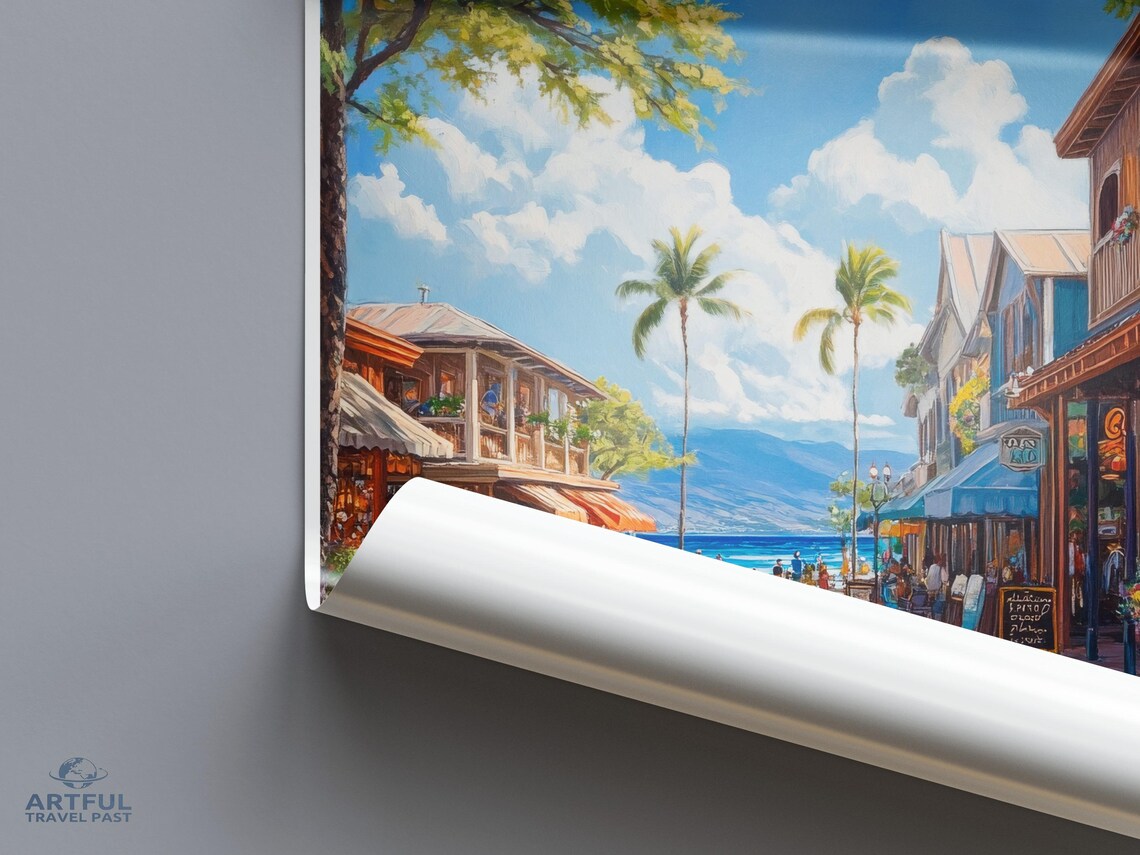 Coastal Lahaina Hawaii Poster, Beach Scene Wall Art, Hawaiian Street ...