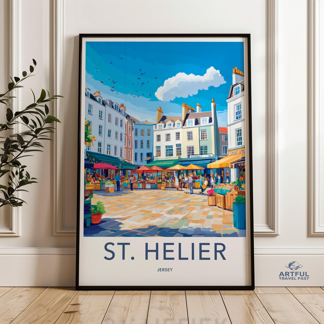 Colorful Town Market Scene Wall Art, St Helier Print, Jersey Cityscape ...
