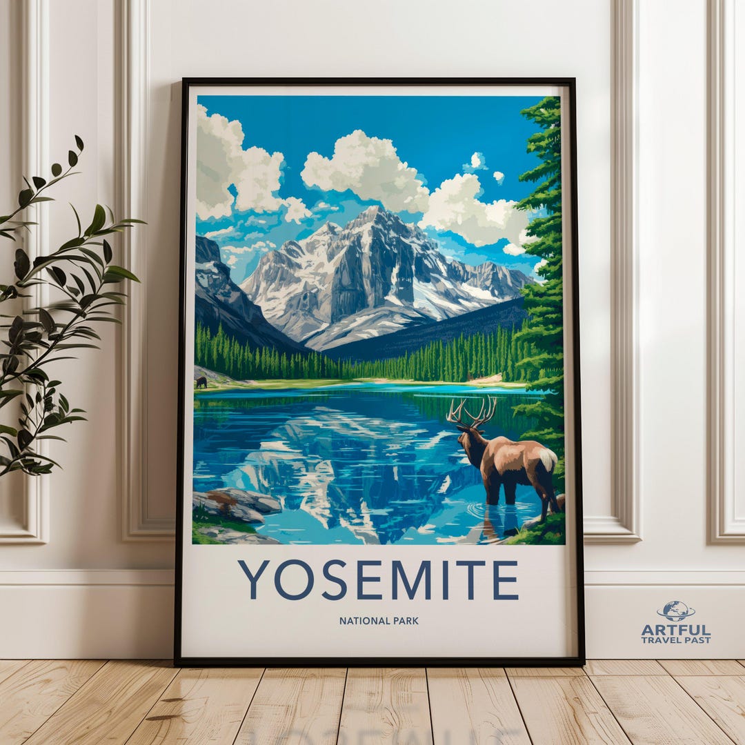 Yosemite National Park Wall Art, Mountain Scenery Poster, Elk With Lake ...
