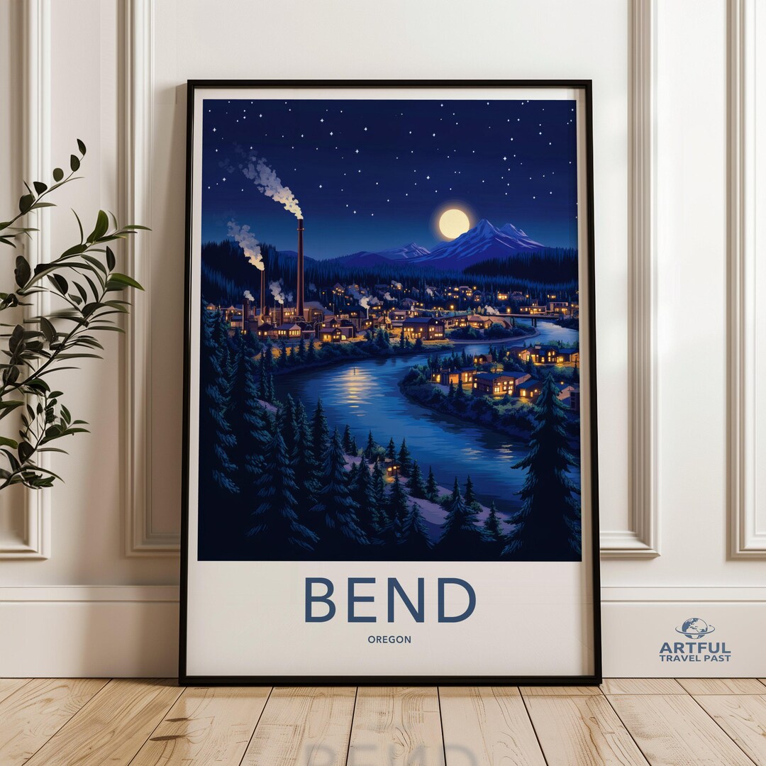 Bend Oregon Night Scene Wall Art, Cityscape Print, Moonlit Town With ...