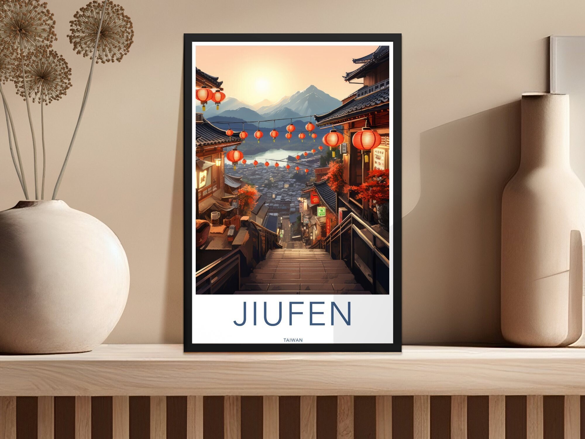 Jiufen Travel Poster, Taiwan Scenic Wall Art, Sunset Lanterns, Digital ...