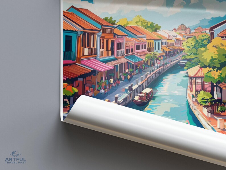 Malacca Malaysia Wall Art Print, Colorful Street and Canal Scene ...