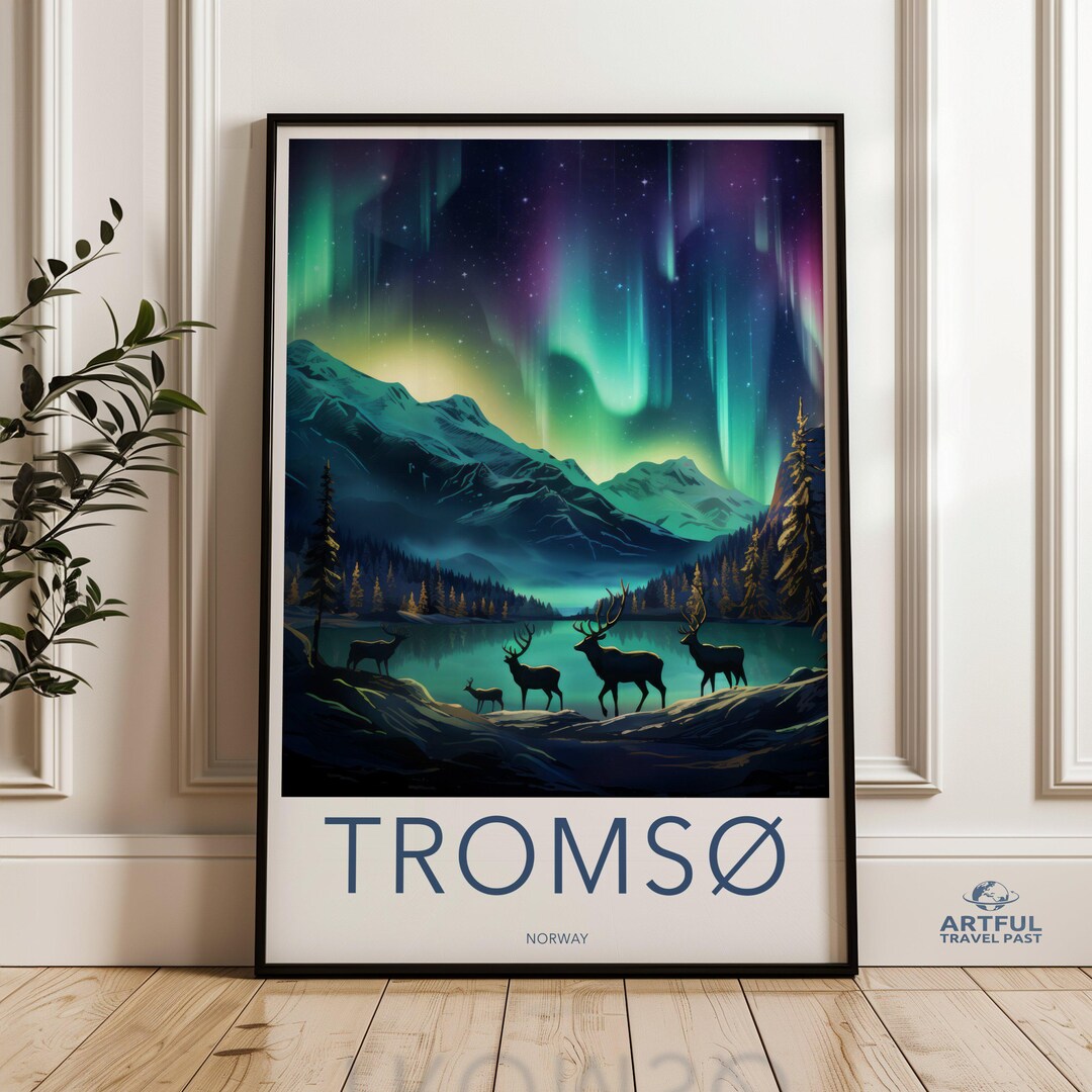 Tromsø Norway Wall Art, Northern Lights Night Sky Poster, Reindeer ...