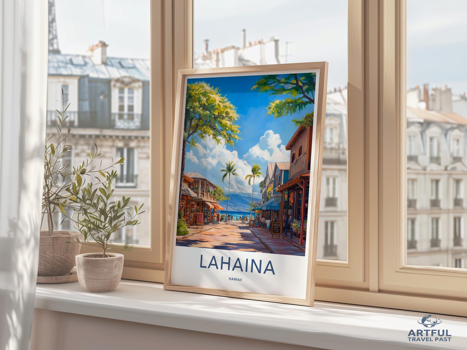 Coastal Lahaina Hawaii Poster, Beach Scene Wall Art, Hawaiian Street ...