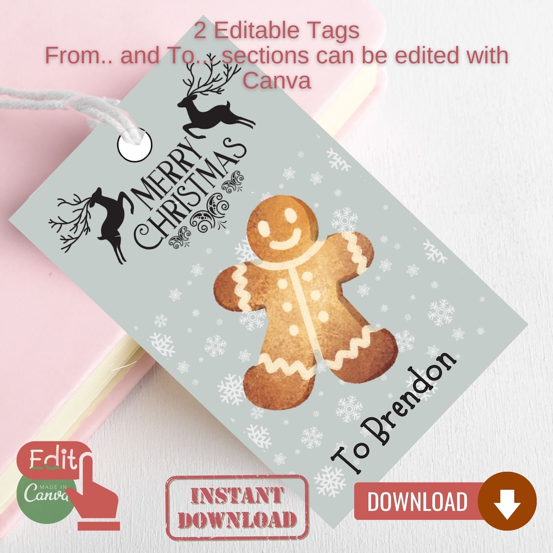Editable Christmas Gift Tags, Gingerbread Man, Printable Holiday Tags ...