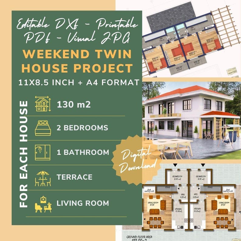 2 Bedroom Duplex House Plan: Modern Twin Home Design (DXF, PDF, JPG) - Etsy