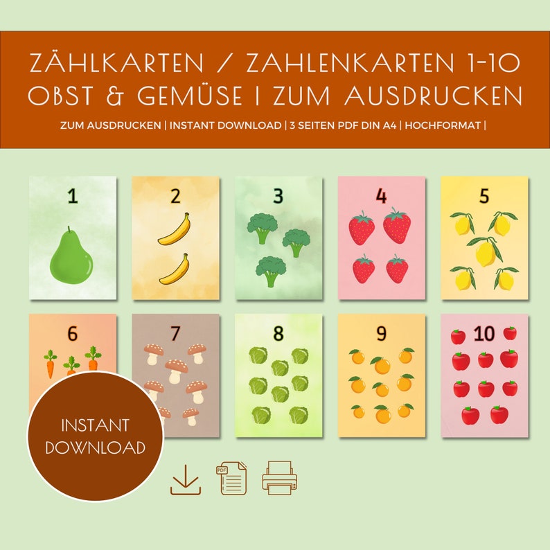 Digital Download Number Cards 1-10 Fruits & Vegetables | Counting Cards ...