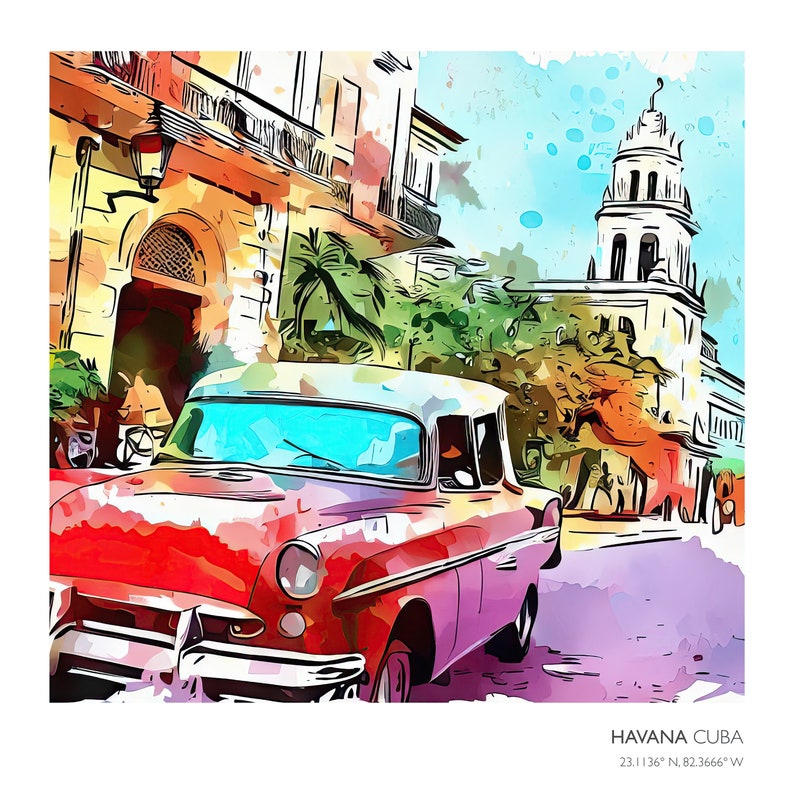 Havana (cuba) Printable | Printable Watercolor X Animated Style Digital ...
