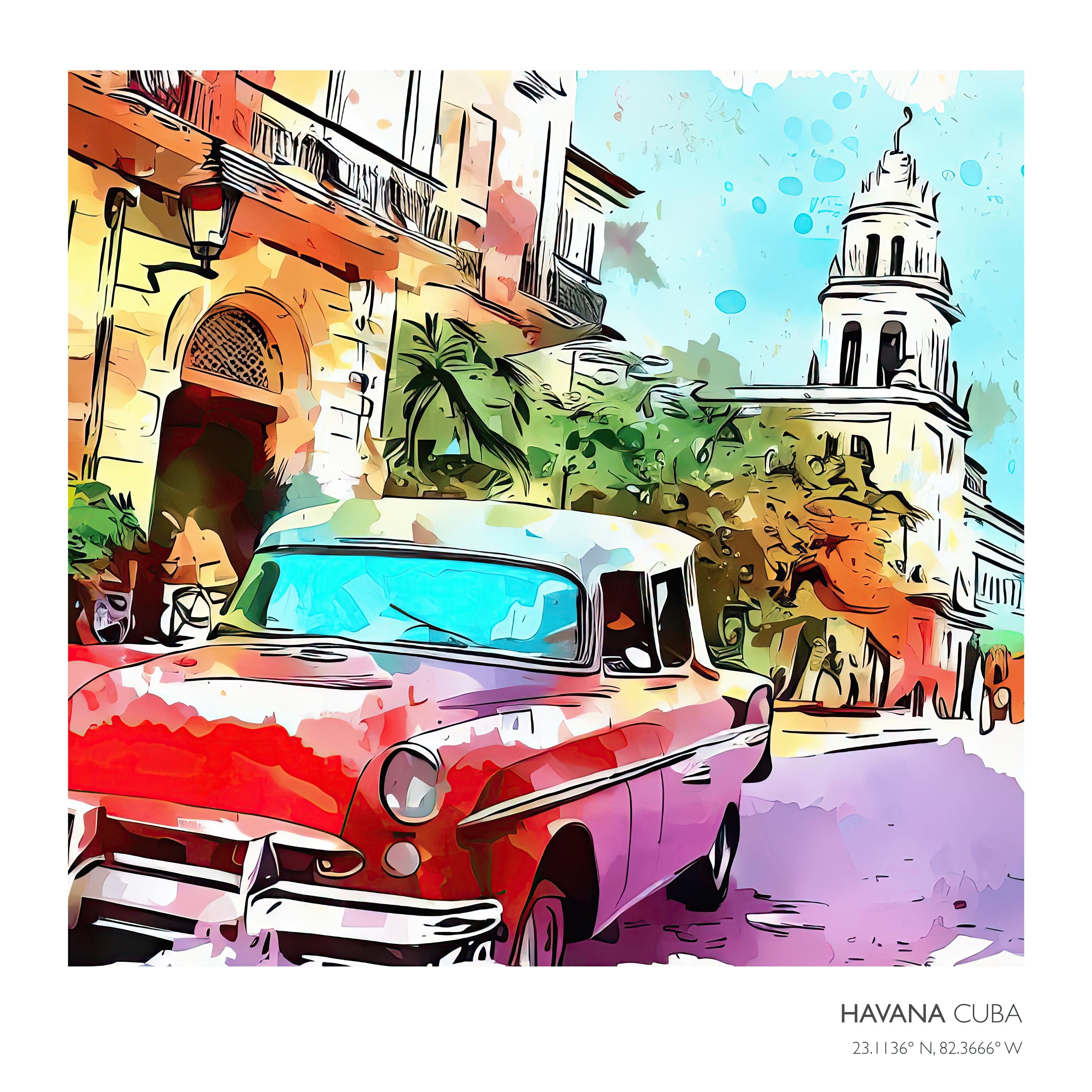 Havana cuba Printable Printable Watercolor X Animated Style Digital Art ...