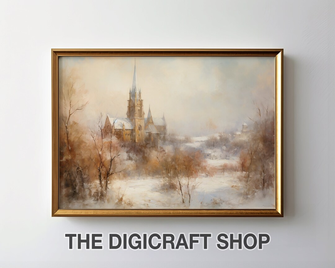 Snowy Gothic Cathedral Art Print, Winter Church Landscape Digital ...