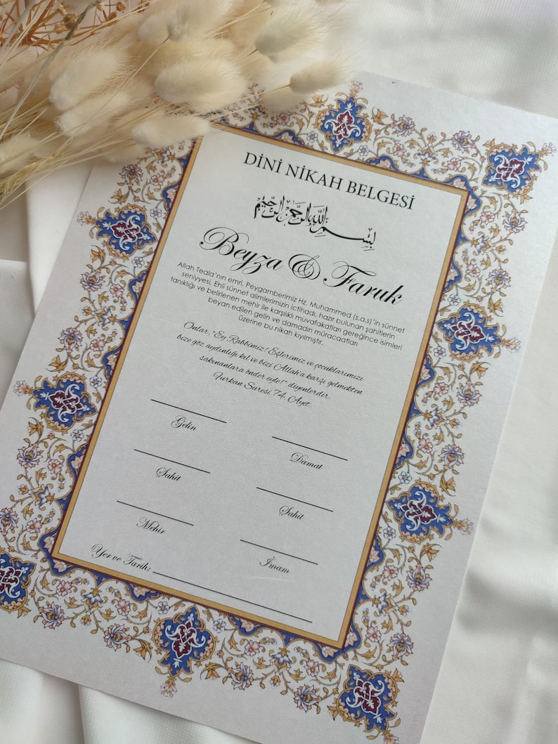 Dini Nikah Belgesi, Personalised Nikkah Certificate, A4 Premium Nikkah ...