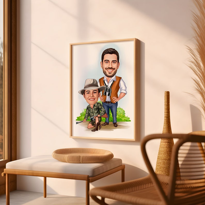 Father With Son Hunting Caricature Portrait, Customized Cartoon Hunter ...