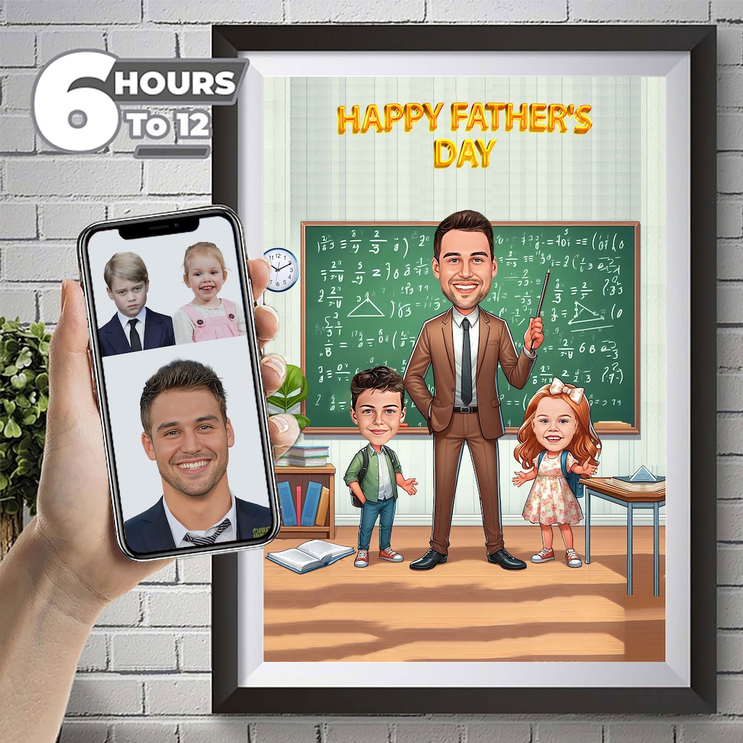 Teacher Dad, Son, and Daughter Cartoon Portrait, Teacher Caricature ...