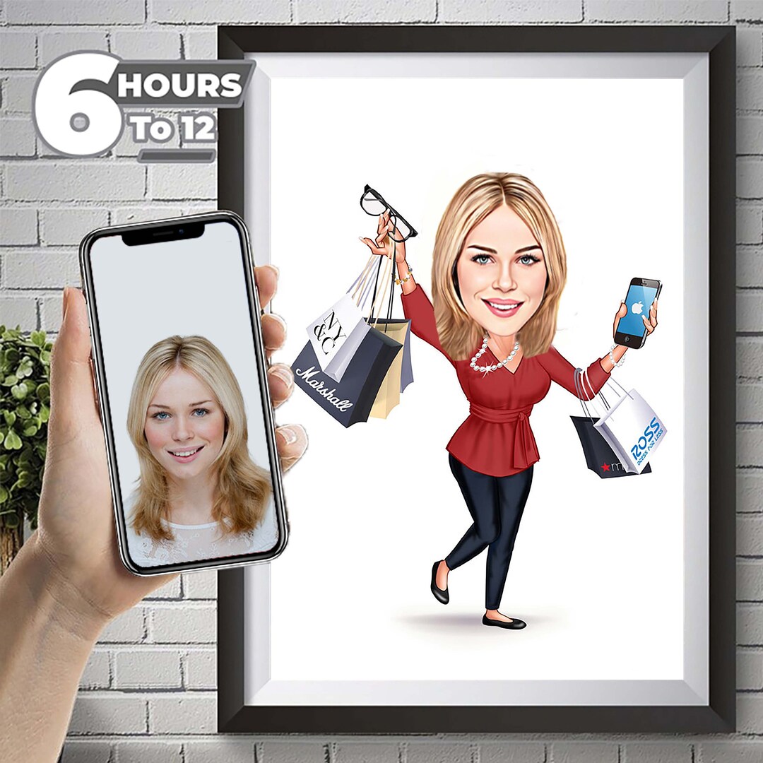 Custom Shopper Woman Shopping Caricature, Portrait From Your Photo ...