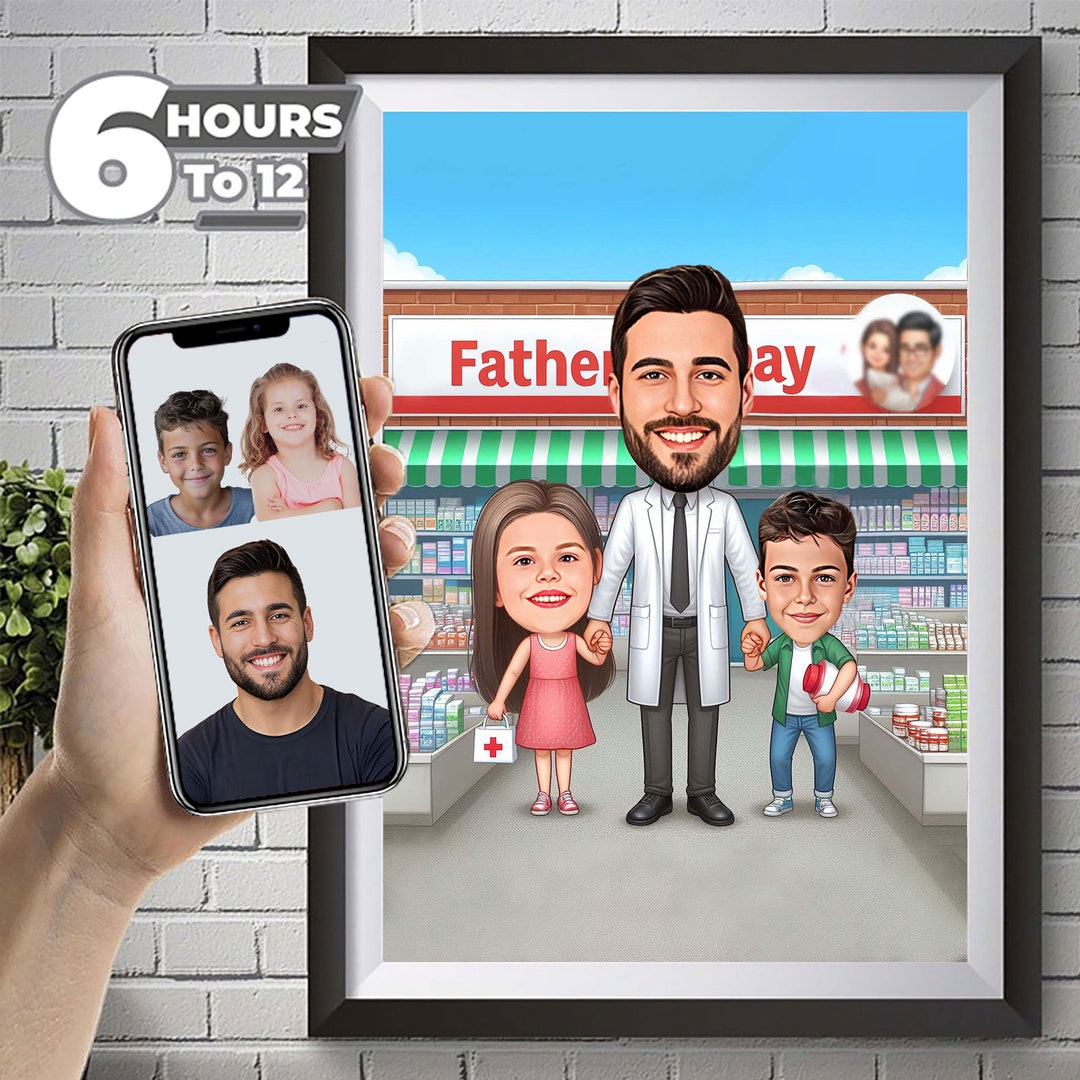 Doctor Dad and Son Cartoon Portrait, Funny Doctor Dad Portrait, Dad's ...