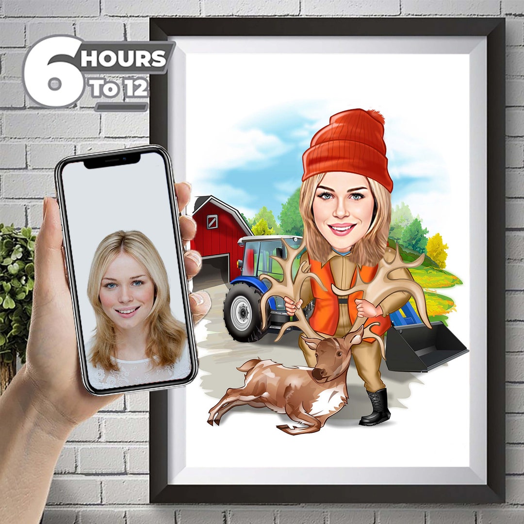 Personalized Woman Hunter Cartoon Portrait, Hunter Portrait, Hunter ...