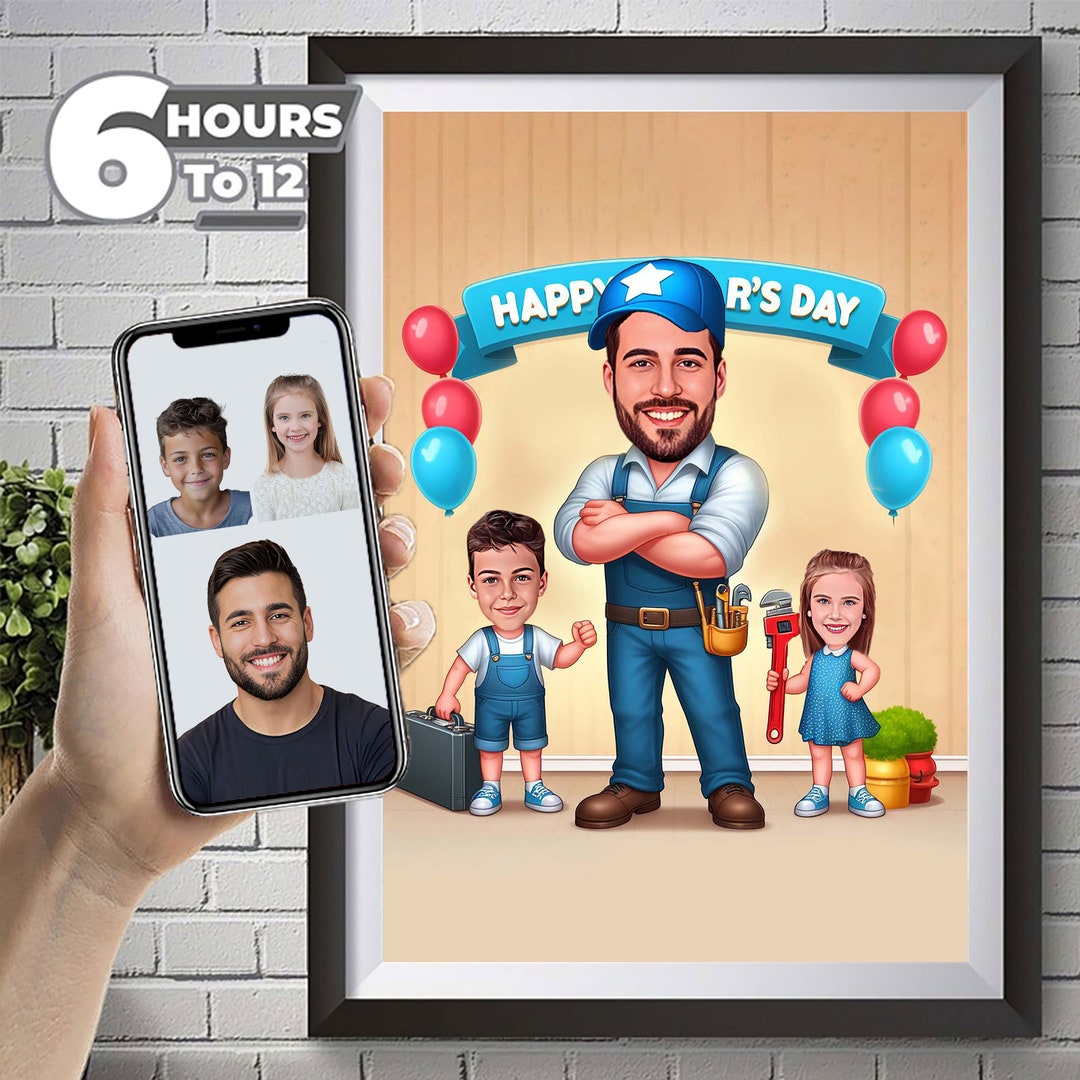 Engineer Construction Worker Dad and Son Cartoon Portrait Funny ...