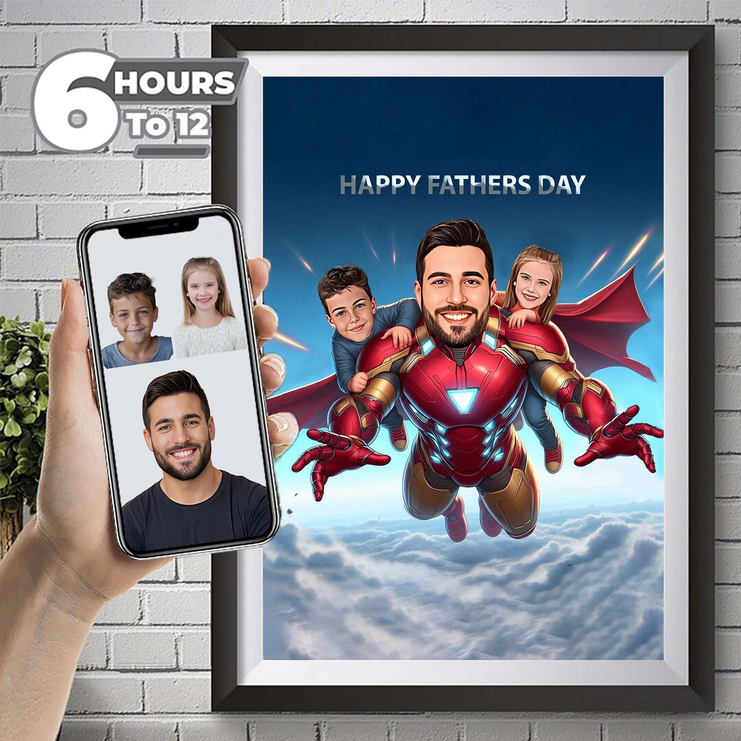 Iron Man Dad, Son, and Daughter Superhero Cartoon Portrait, Custom ...