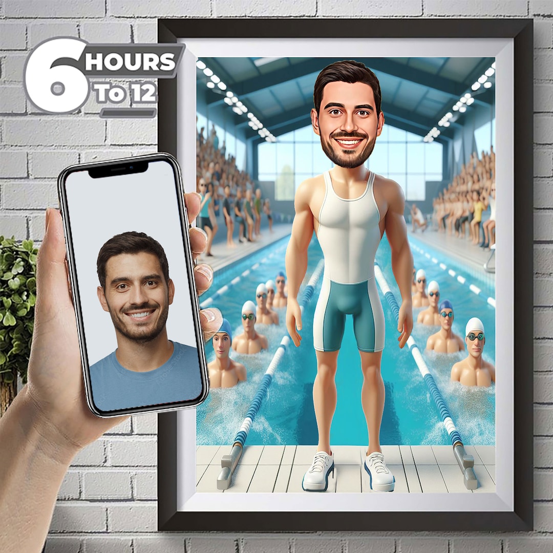 Custom Swimming Coach Cartoon Portrait, Swimming Coach Caricature, Gift ...