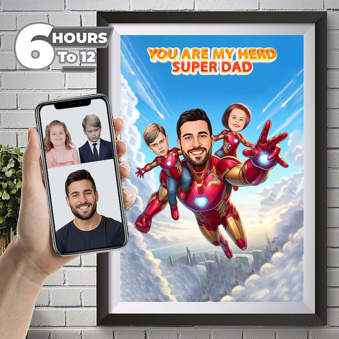 Custom Iron Man Dad and Sons Cartoon Portrait, Superhero Caricature ...