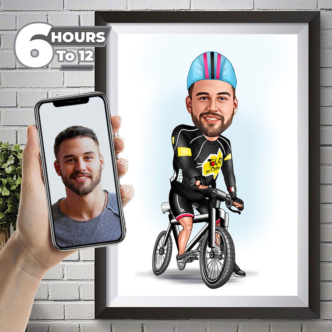 Cyclist With Personalized Caricature Print Set of 2, Bicycle Rider ...