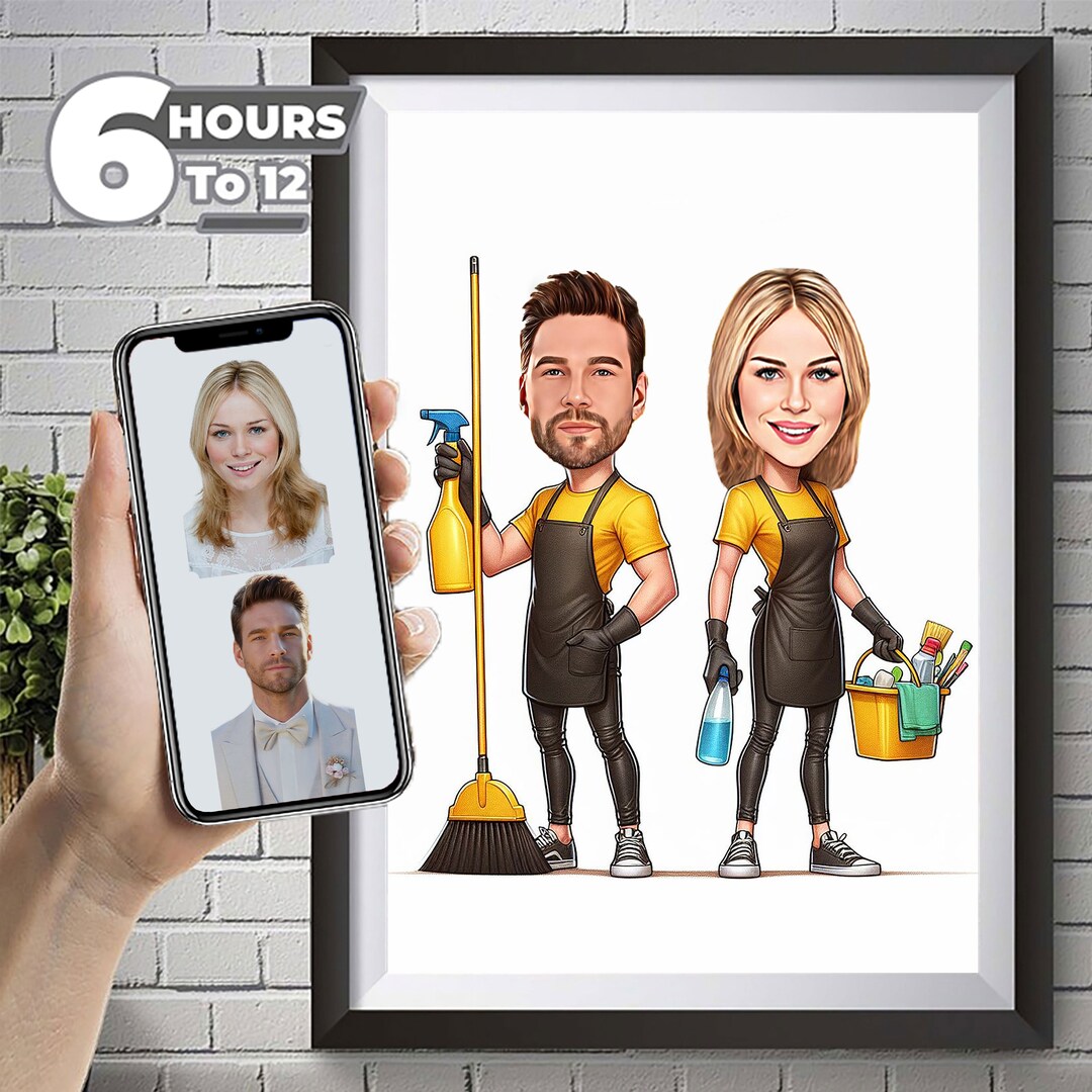 Custom Cleaner Cartoon Portrait, Cleaner Caricature, Gift for Couple ...