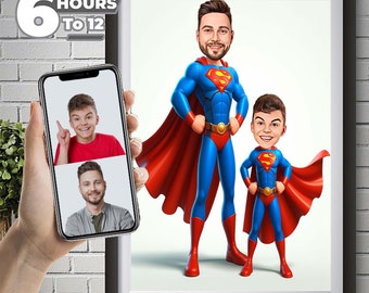 Custom Super Dad and Son Cartoon Portrait, Super Dad Portrait, Dad's ...