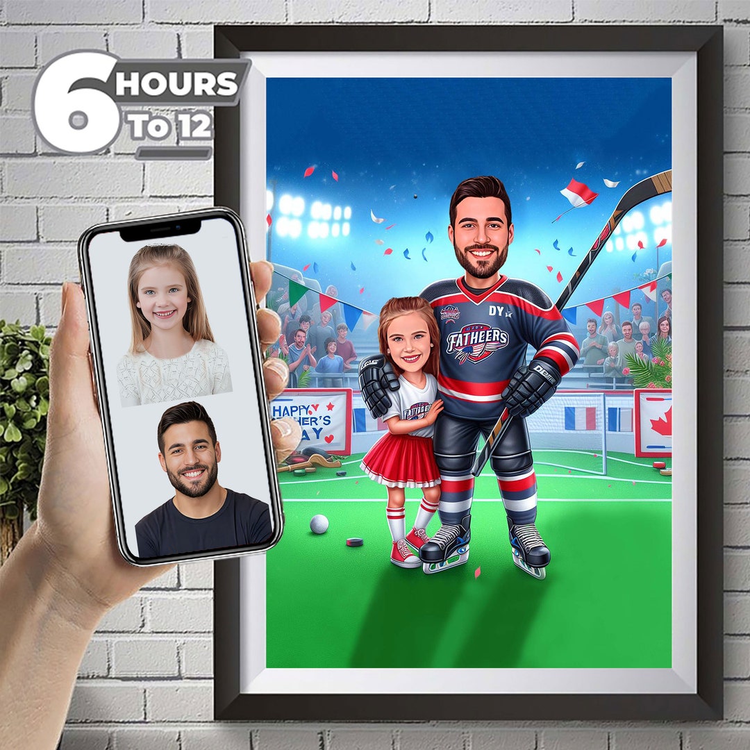 Custom Dad and Daughter Ice Hockey Cartoon Portrait, Dad Caricature ...