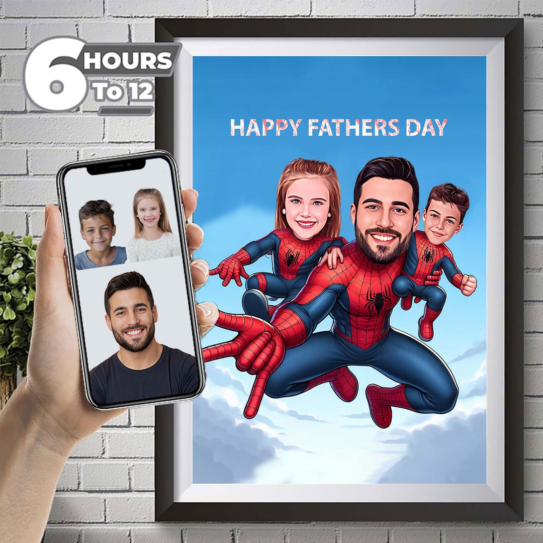 Custom Spiderman Family Caricature Portrait, Superhero Dad Gift ...