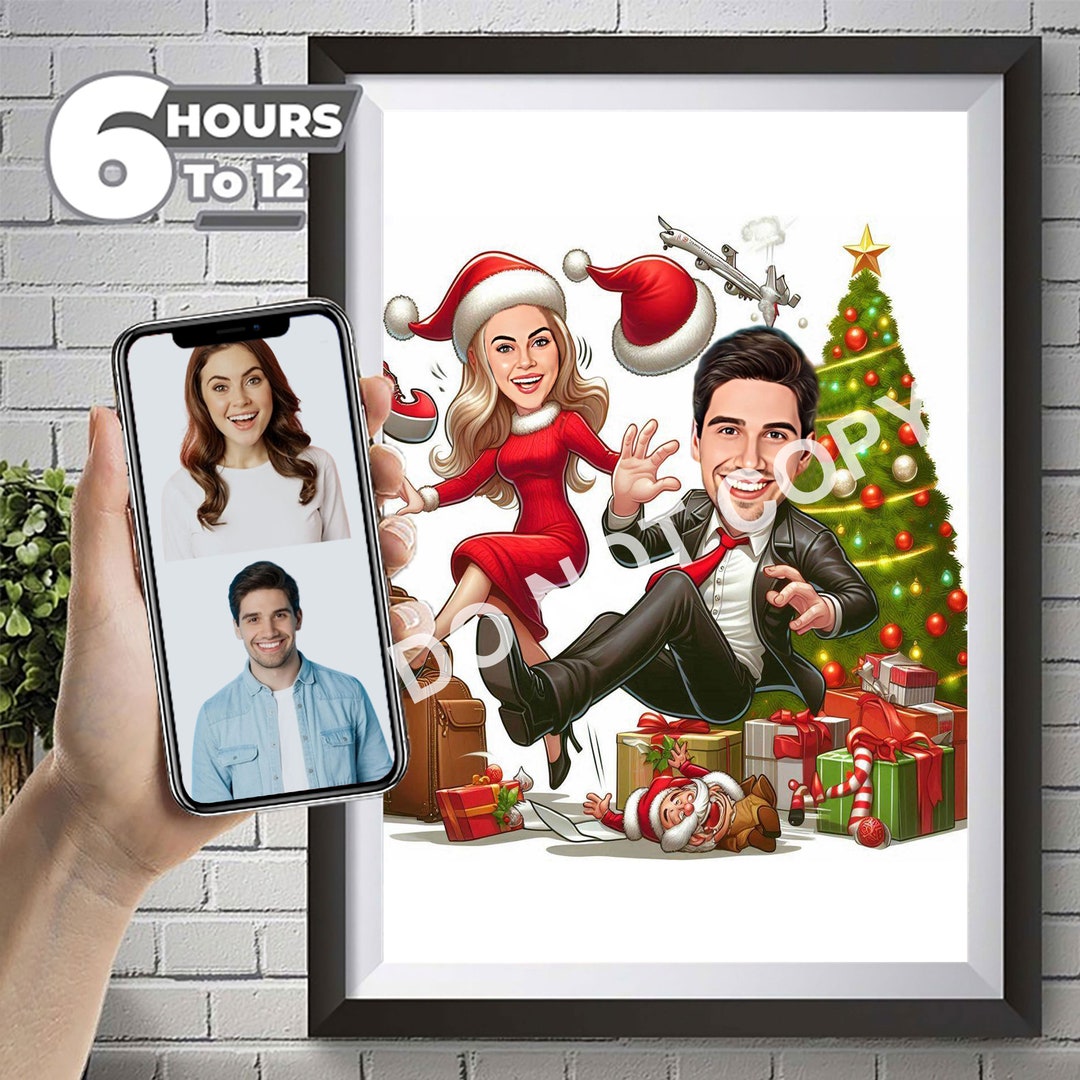 Custom Caricature of Couple Celebrating Christmas in Santa Clothes ...