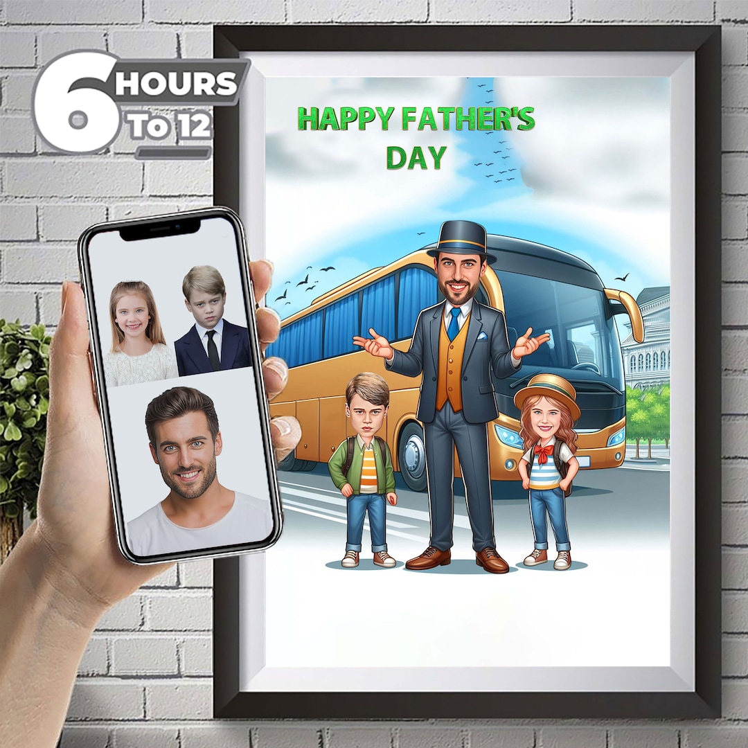 Custom Dad, Son, and Daughter Cartoon Portrait, Bus Driver Caricature ...