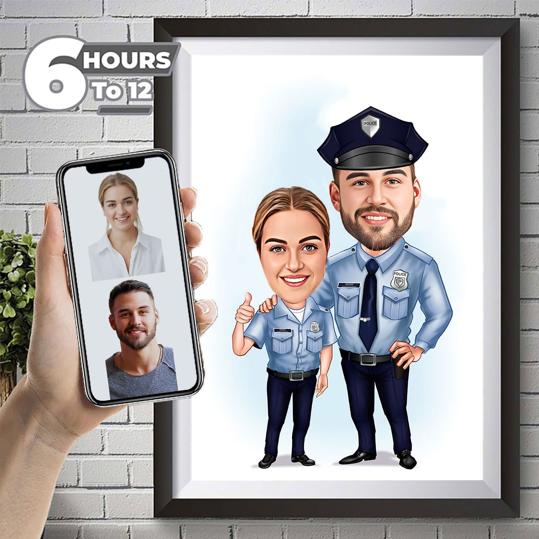 Custom Police Couple Cartoon Portrait, Valentine's Day Couple Portrait ...