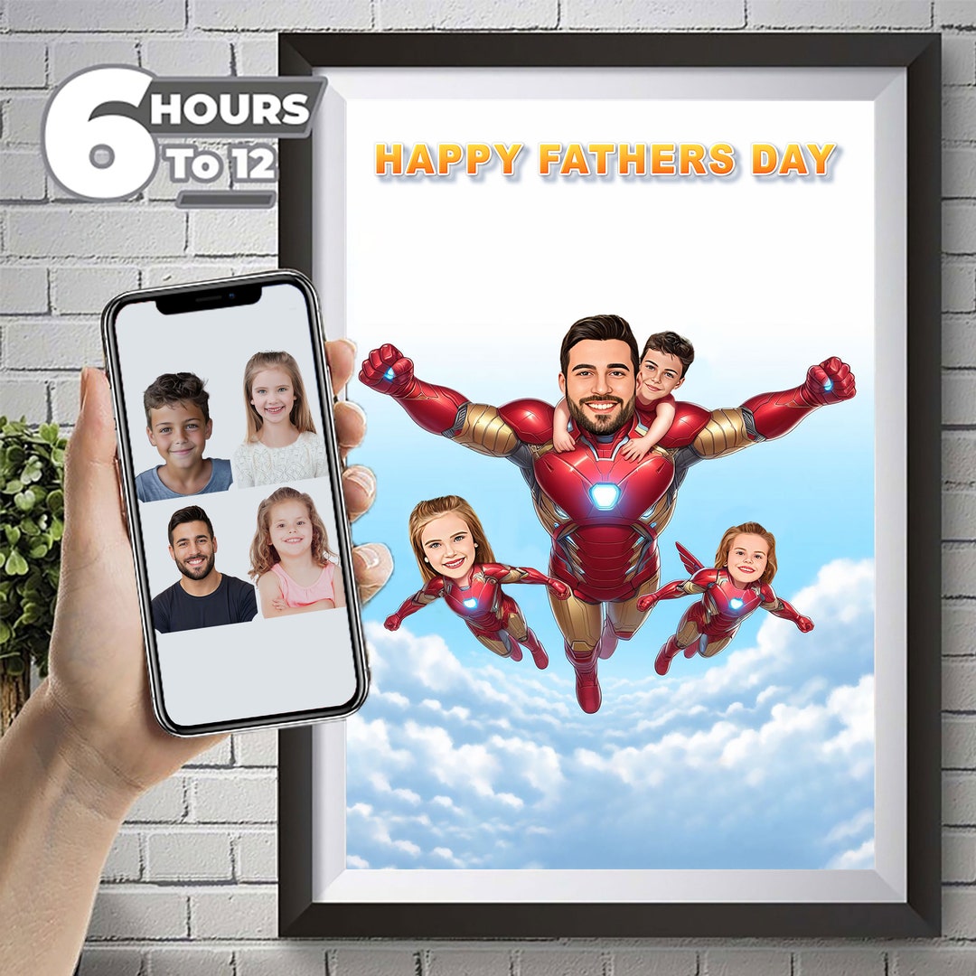 Custom Iron Man Dad and Son Superhero Caricature Portrait, Caricature ...