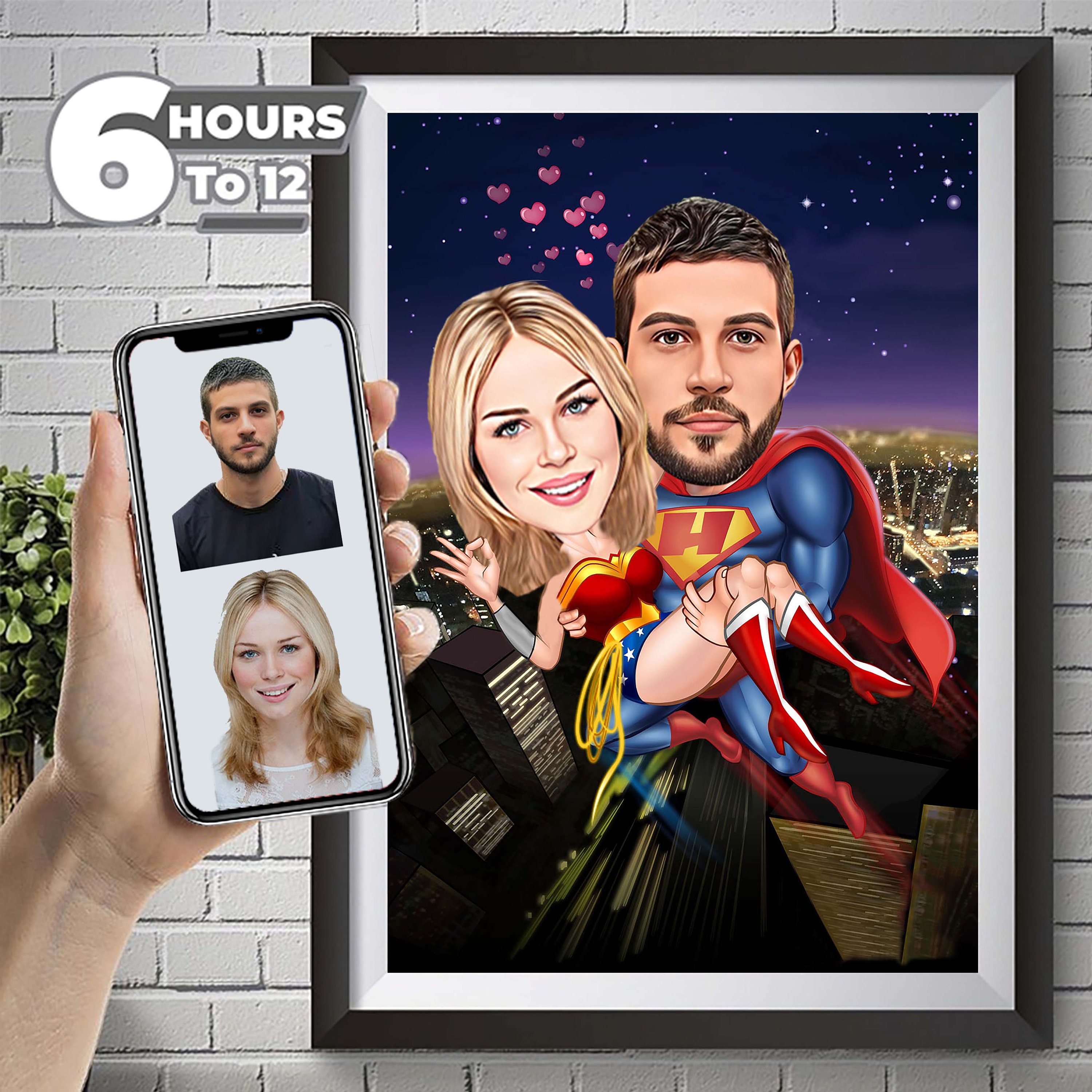 Superhero Couple Caricature Get Your Own Superhero Portrait From Your ...
