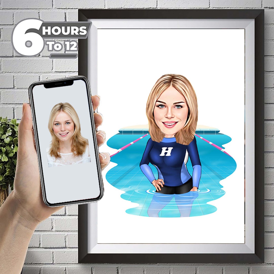Swimming Coach Caricature From Photo, Swimming Birthday, Swim Relay ...