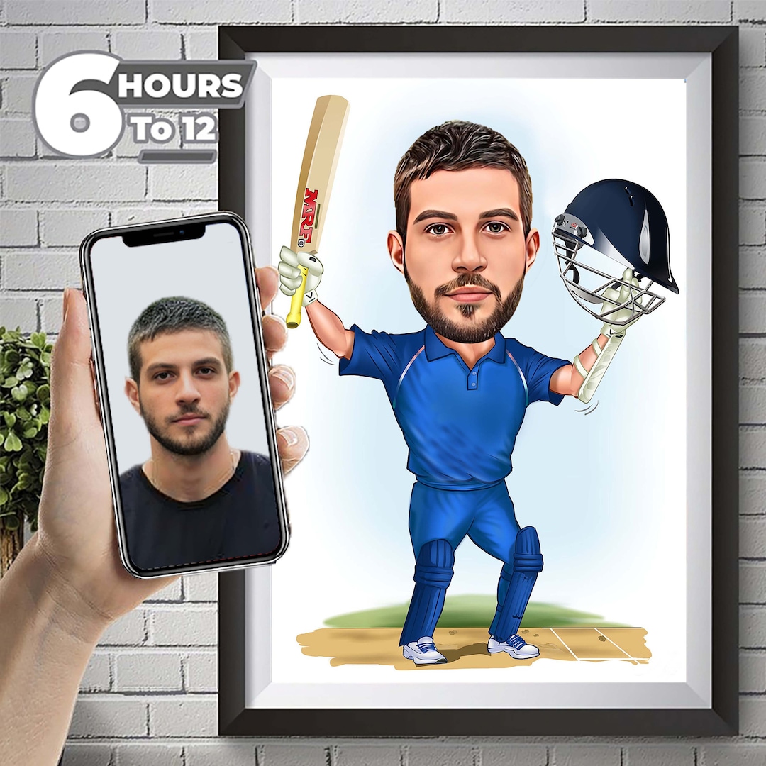Personalized Cricket Player Cartoon Portrait, Cricket Caricature, Gift ...