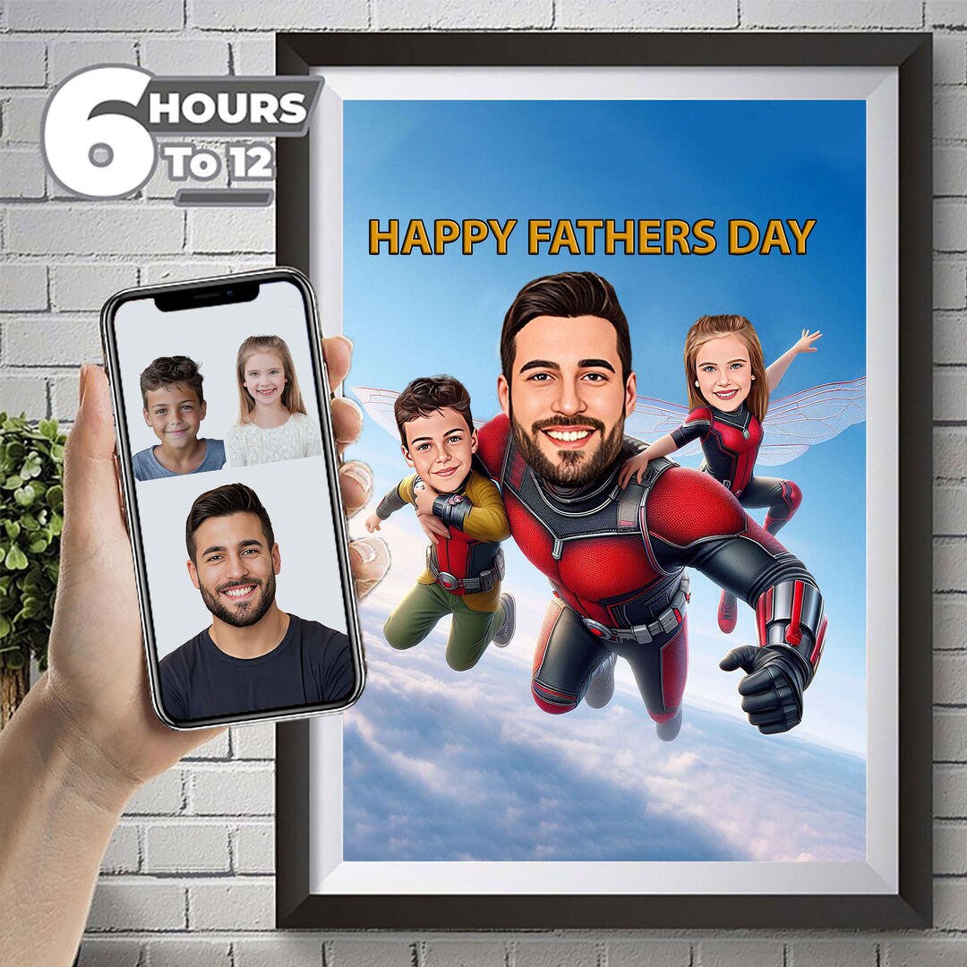 Custom Ant-man Caricature Portrait, Dad and Son Superhero Cartoon ...