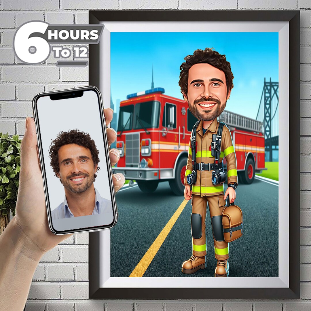 Custom Firefighter Cartoon Portrait, Fireman Caricature From Photo ...
