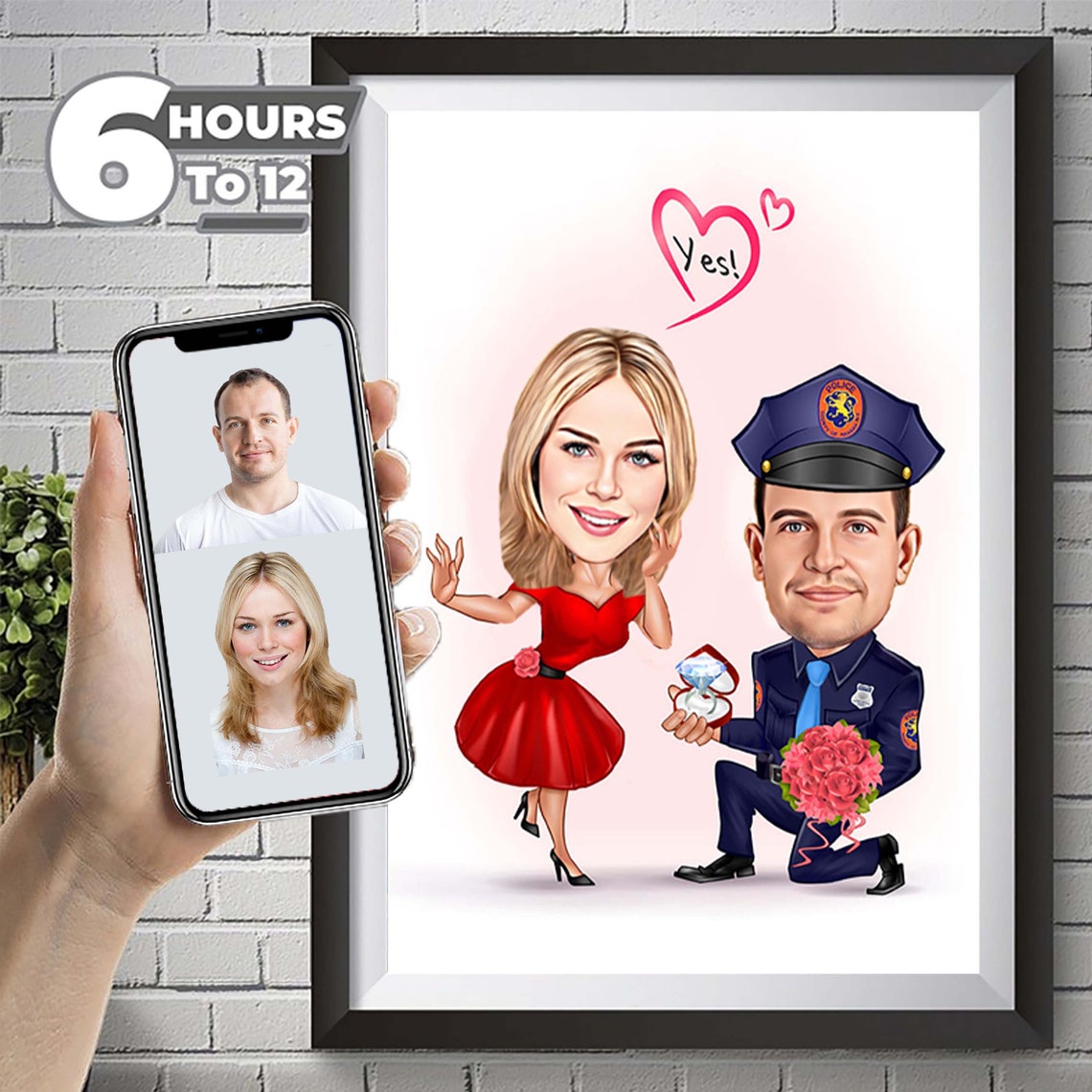 Custom Romantic Police Couple Valentine Day Caricature, Couple Cartoon ...