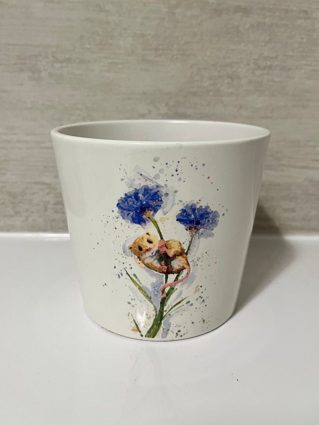 Dormouse on Cornflower Plant Pot, Mouse on Blue Flower Planter, Glazed ...
