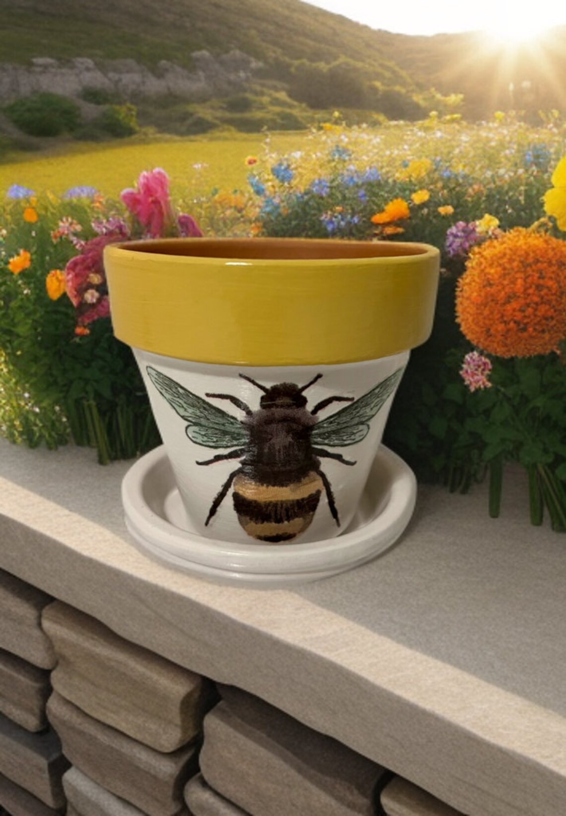 Bee Plant Pot & Saucer, Hand-painted and Decoupaged. Available as Grow ...