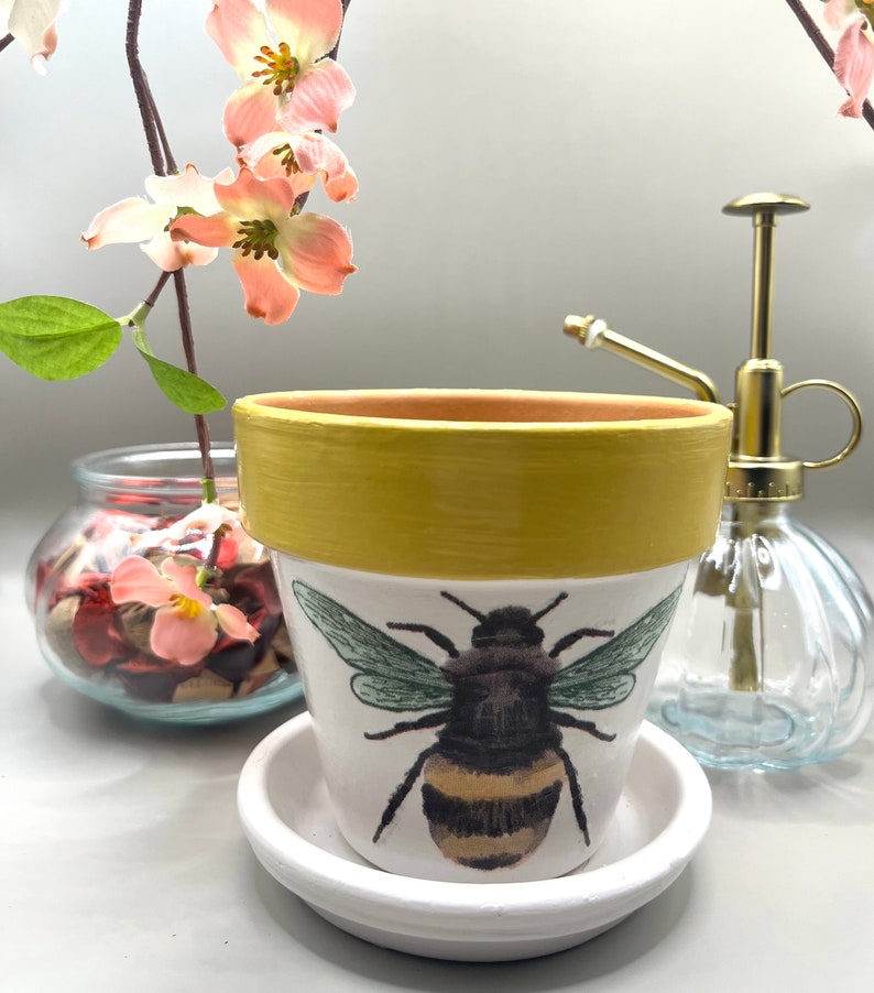 Bee Plant Pot & Saucer, Hand-painted and Decoupaged. Available as Grow ...