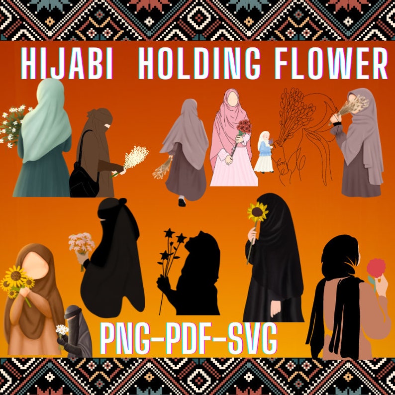 Muslim Girl Holding Flowers Svg Bundle - 20 Svg - Png and Pdf Floral ...