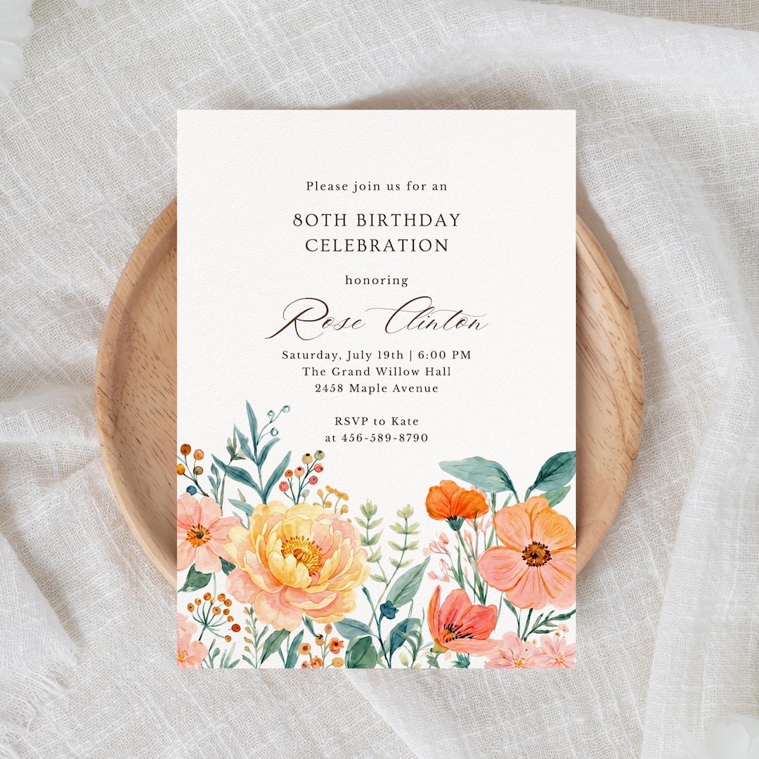 Modelo de convite para aniversário de 80 anos, floral e editável ...
