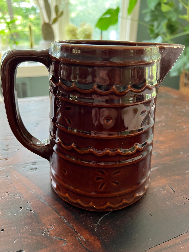Marcrest Vintage Stoneware Brown Daisy Dot Vintage Pitcher Vase Kitchen ...