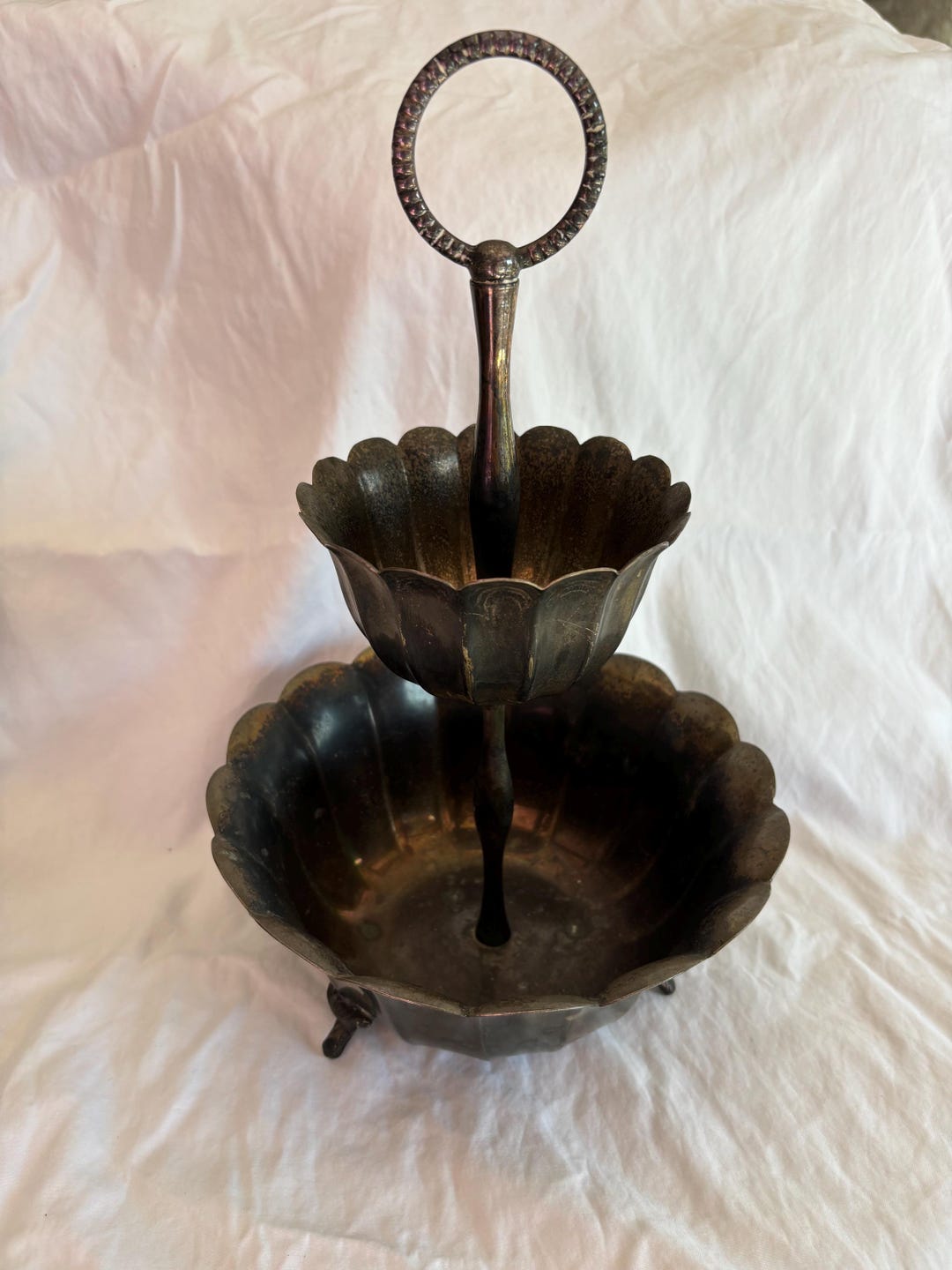 Vintage EL De Uberti ITALY Silver Plated Two Tiered Scalloped Serving ...