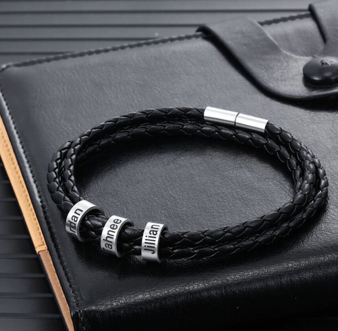 Personalized Dad Stainless Steel Engraved Bracelet, Custom Mens Leather ...