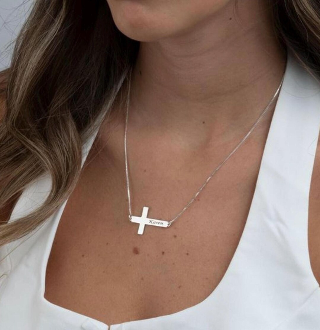 Sideways Cross Necklace, 14K Gold Sideways Cross Name, Baptism Gift for ...